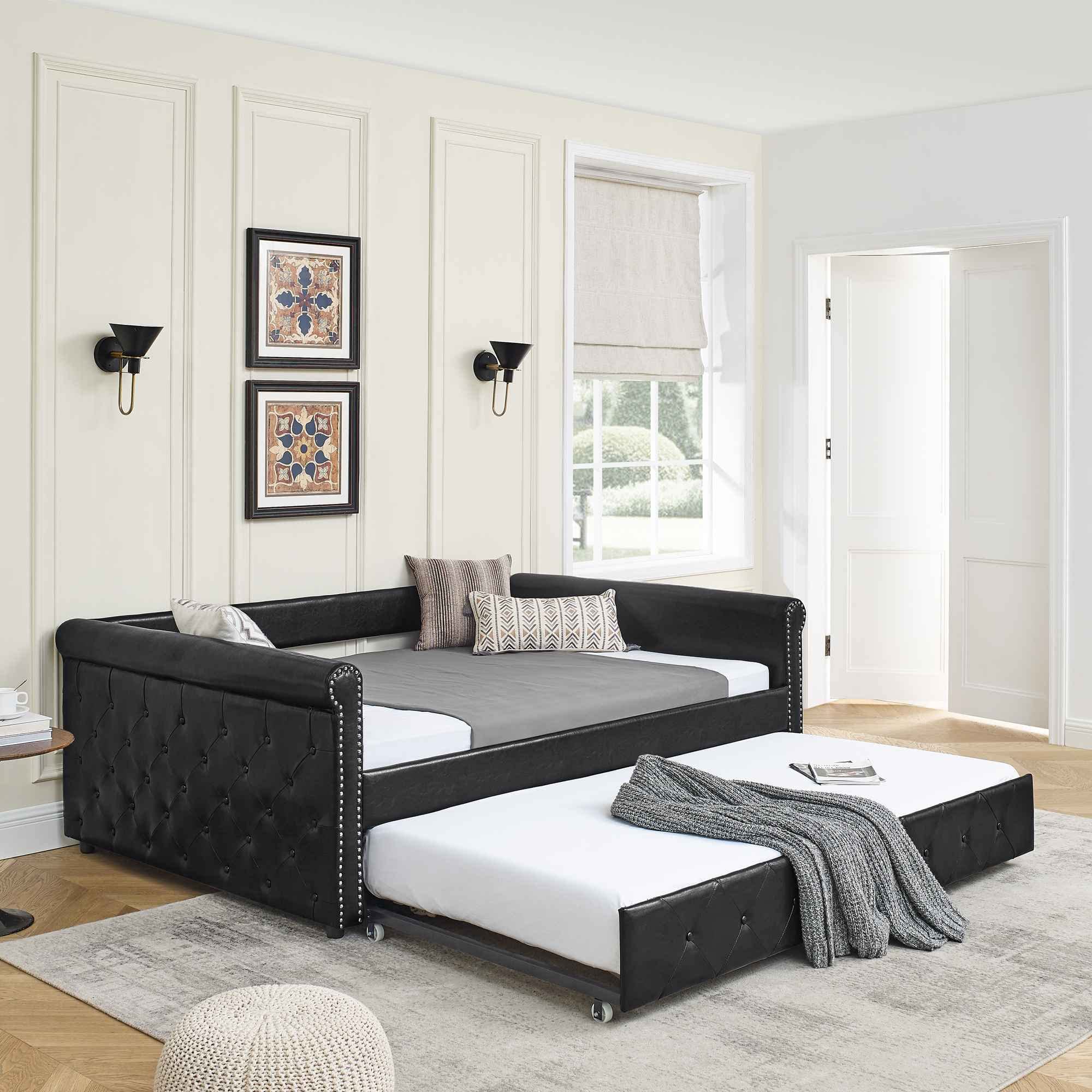 ATY Full Size Daybed with Twin Trundle, Upholstered Sofa Bed Design w/Button Tufted & Copper Nail, Perfect for Bedroom, Guestroom, Living Room, No Spring Box Needed, Black