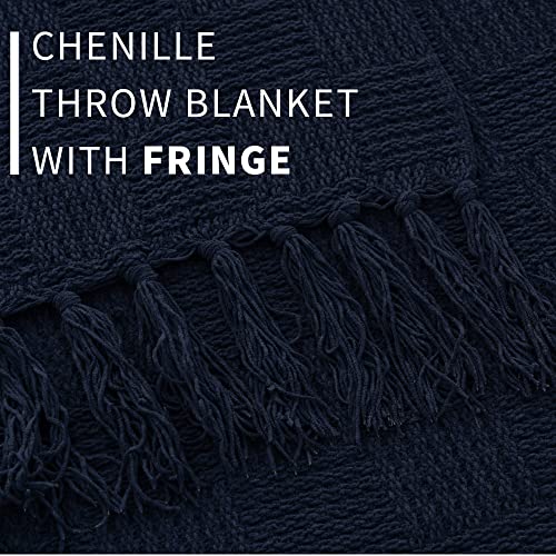 RECYCO Chenille Throw Blanket for Couch, Soft Cozy Knit Throw Blankets with Tassels, Woven Chenille Throw Blanket Knitted Blanket for Bed Sofa Chair, 50 x 60 Inches, Navy Blue, Laundry Bag Included