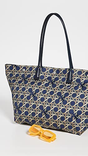 Tory Burch Women's Canvas Basketweave Tote, Tory Navy Basketweave, Blue, Print, One Size