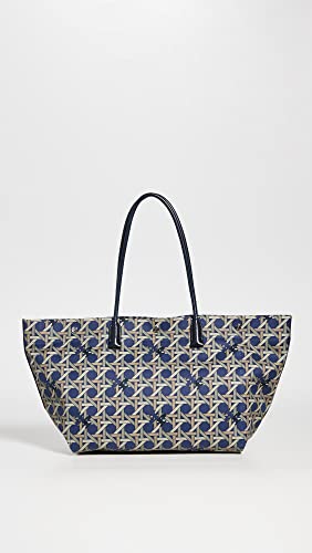 Tory Burch Women's Canvas Basketweave Tote, Tory Navy Basketweave, Blue, Print, One Size