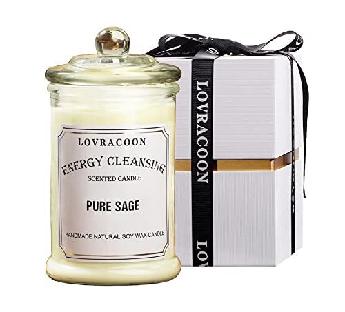 Lovracoon Pure Sage Smudge & Long Lasting Burning Jar Candle for House Energy Cleansing, Negative Energy Purification and Chakra Healing, Natural Soy Wax Jar Candle with Gift Box(White Sage,Large)