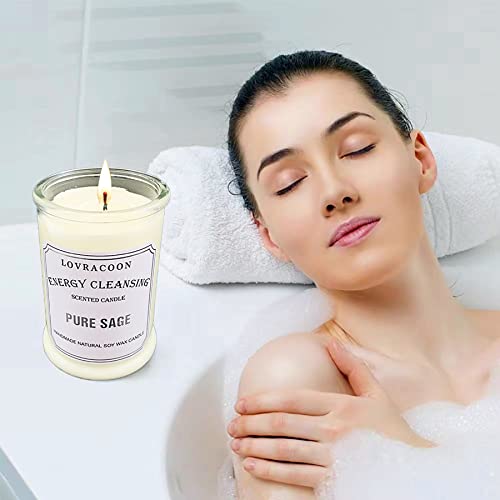 Lovracoon Pure Sage Smudge & Long Lasting Burning Jar Candle for House Energy Cleansing, Negative Energy Purification and Chakra Healing, Natural Soy Wax Jar Candle with Gift Box(White Sage,Large)