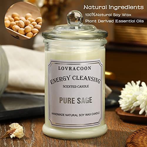 Lovracoon Pure Sage Smudge & Long Lasting Burning Jar Candle for House Energy Cleansing, Negative Energy Purification and Chakra Healing, Natural Soy Wax Jar Candle with Gift Box(White Sage,Large)