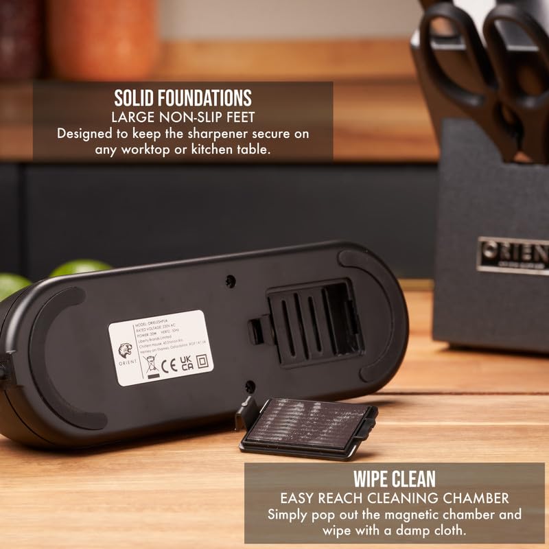 Electric Knife Sharpener - Professional 3 Stage Electrical Sharpening System for All Knives and Serrated Blades - Sharpen, Hone and Polish - Non-Slip Base, Magnet Compartment for Waste Collection