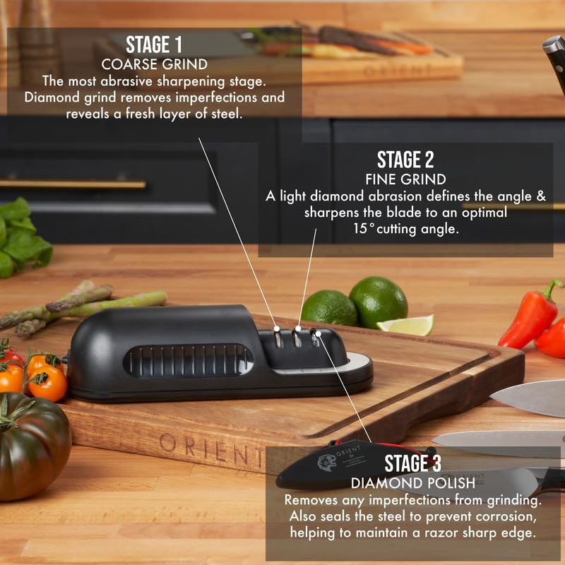 Electric Knife Sharpener - Professional 3 Stage Electrical Sharpening System for All Knives and Serrated Blades - Sharpen, Hone and Polish - Non-Slip Base, Magnet Compartment for Waste Collection