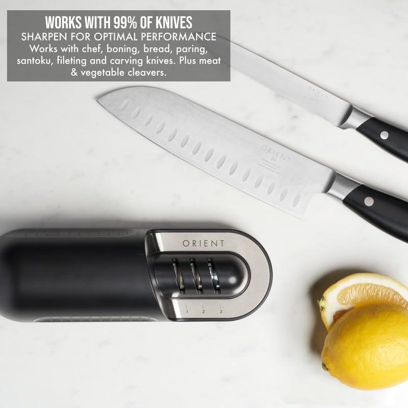Electric Knife Sharpener - Professional 3 Stage Electrical Sharpening System for All Knives and Serrated Blades - Sharpen, Hone and Polish - Non-Slip Base, Magnet Compartment for Waste Collection