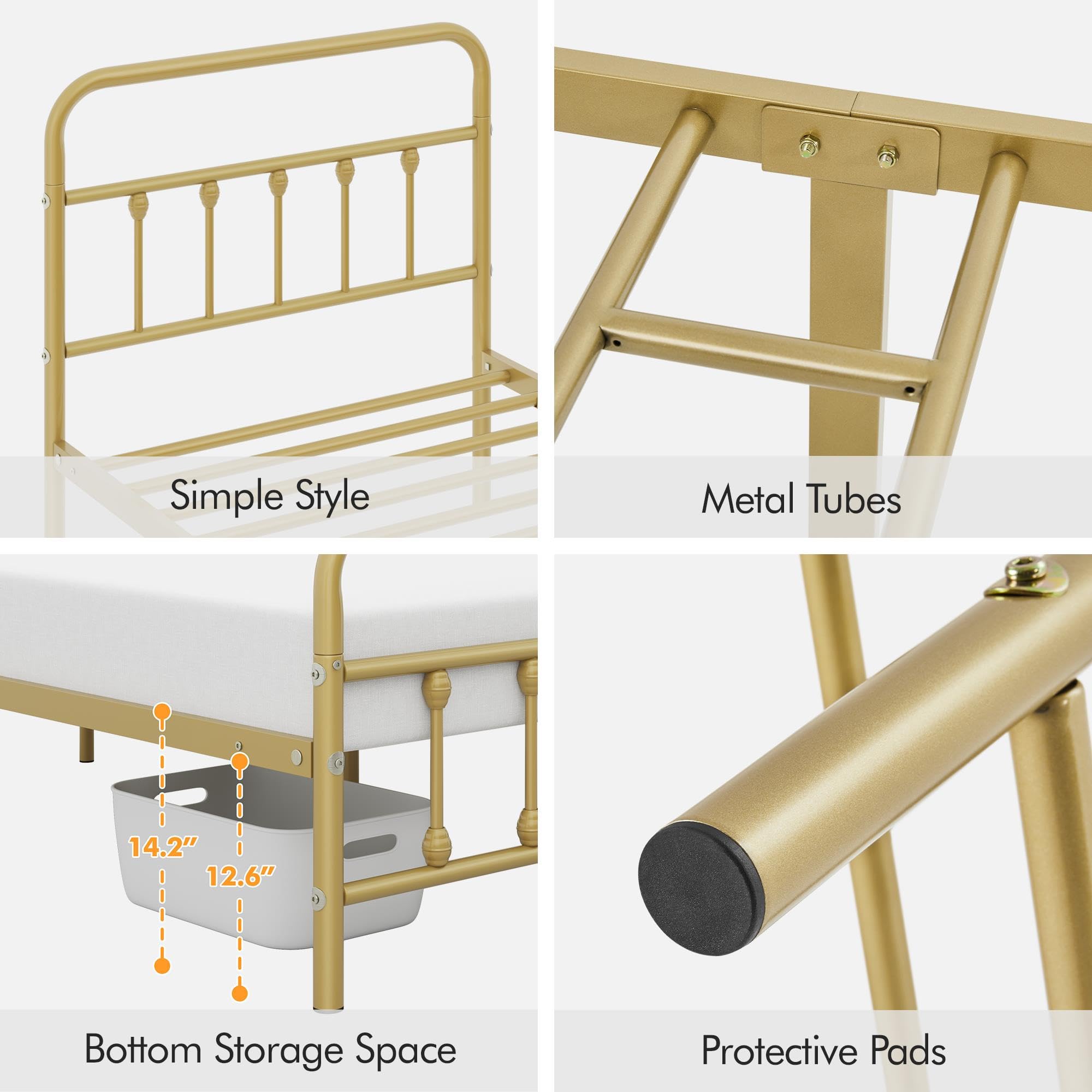 Yaheetech Classic Metal Platform Bed Frame Mattress Foundation with Victorian Style Iron-Art Headboard/Footboard/Under Bed Storage/No Box Spring Needed/Twin Size Antique Gold