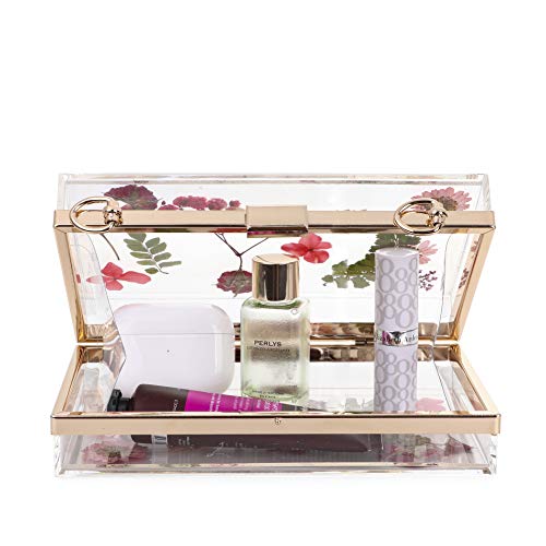 YUSHINY Women Acrylic Clear Clutch Transparent Purse True Flower Inlay with Removable Pearl Strap (Rose)
