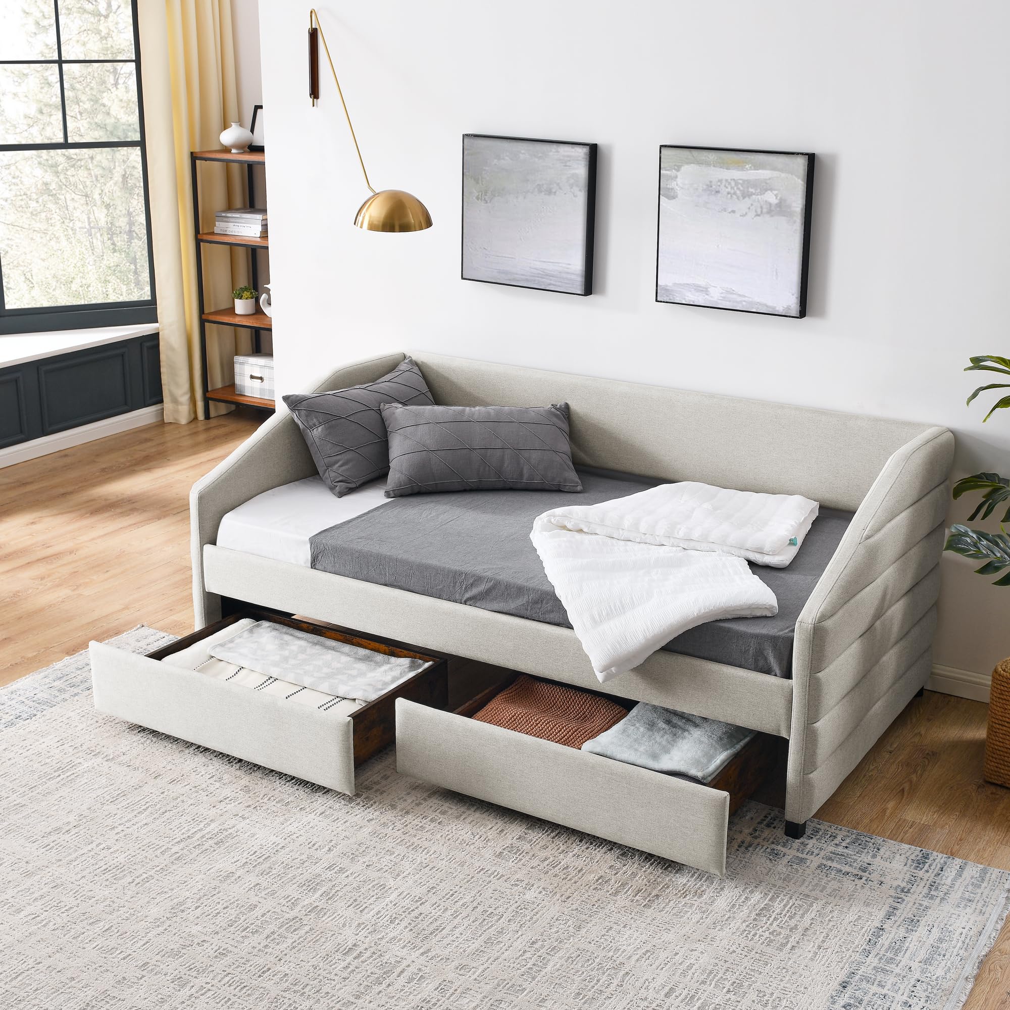 Twin Daybed with Storage Drawers, Upholstered Twin Size Daybed Frame, Modern Sofa Day Bed Frame with Curved Armrests, Linen Fabric Bedroom Furniture Bedframe, No Box Spring Needed (Twin, Beige)