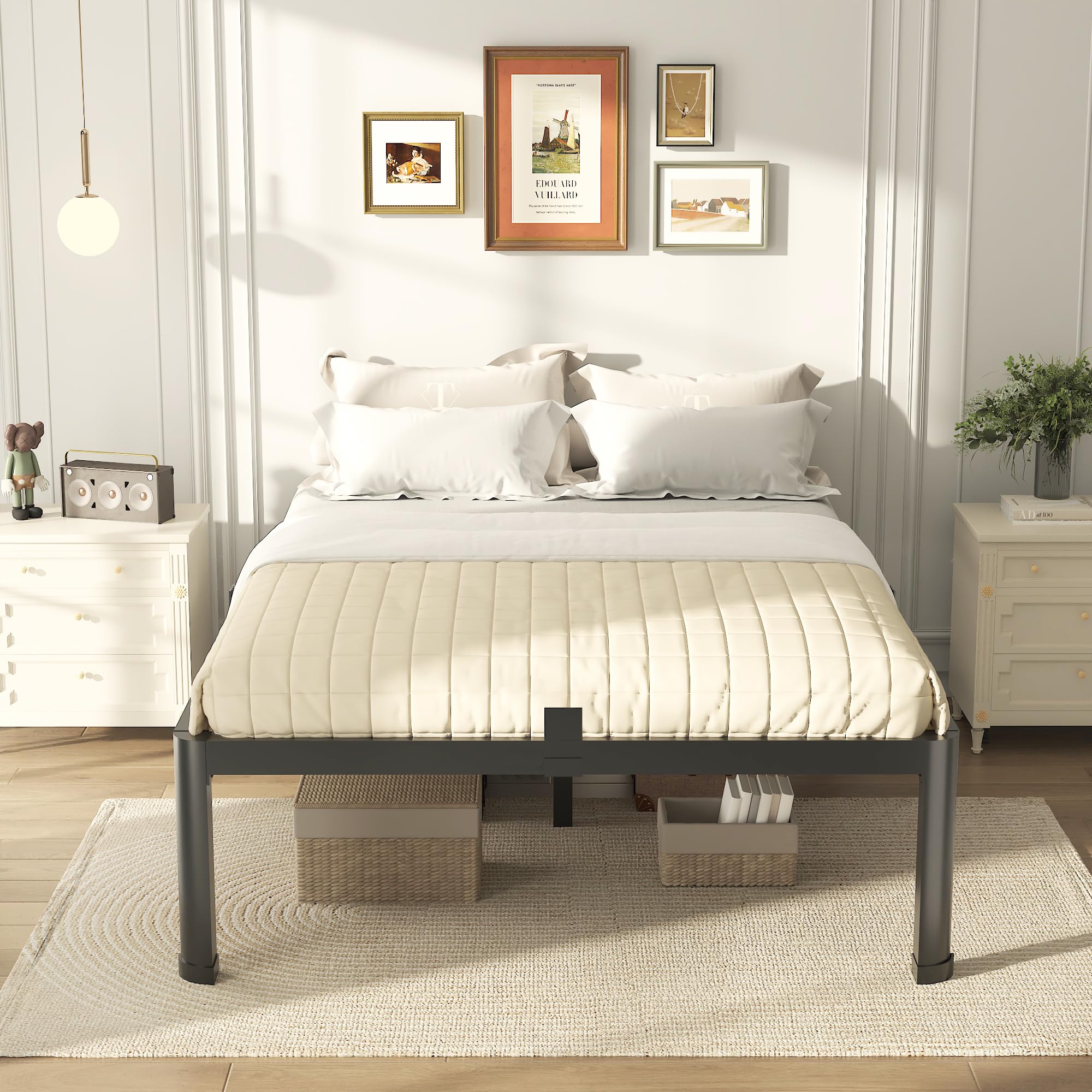 Firpeesy 18 Inch Full Size Bed Frame Metal with Sturdy Steel Round Corner Leg, 3500 lbs Heavy Duty Metal Full Platform Bed with Steel Slats Support,Black Full Bedframe,No Box Spring Needed