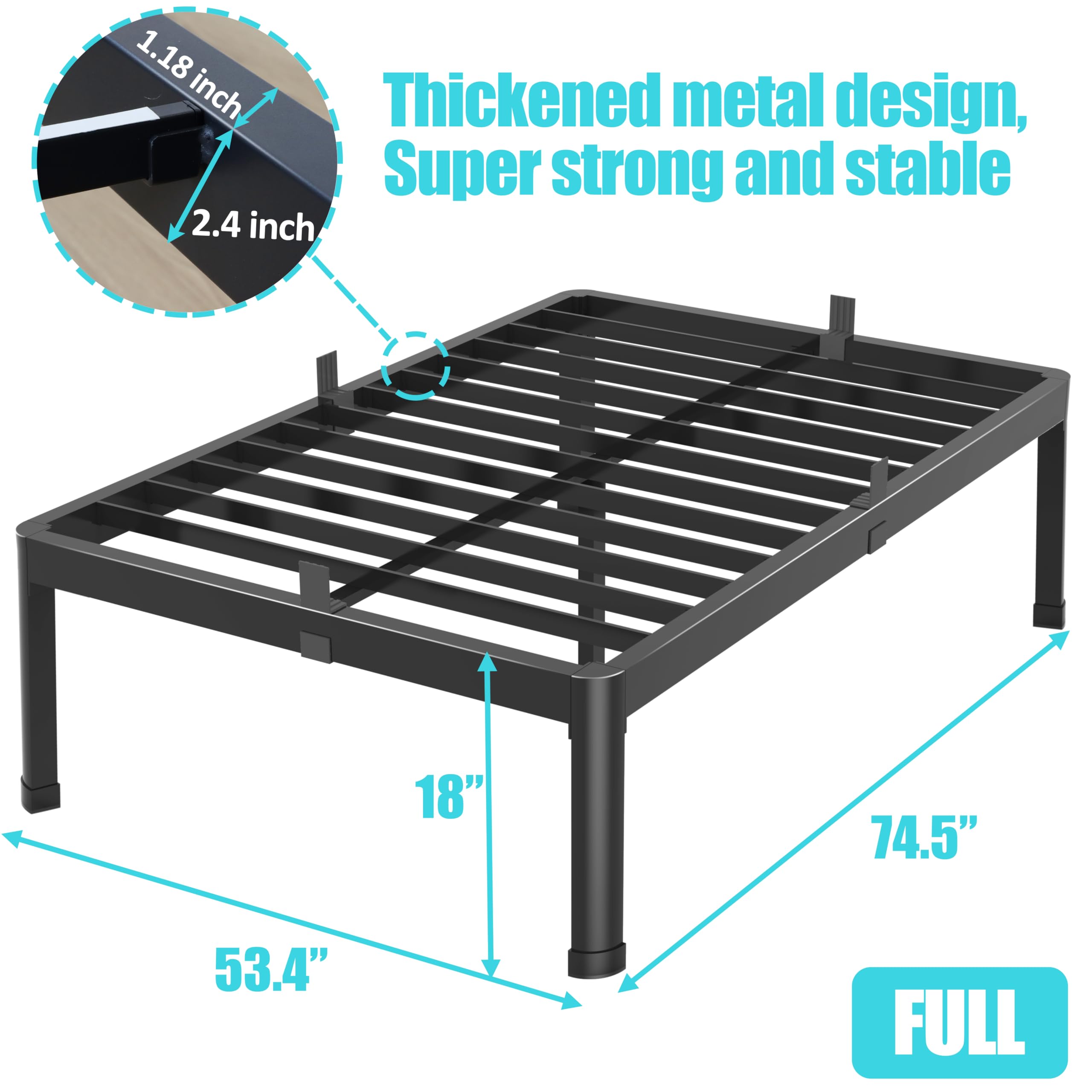 Firpeesy 18 Inch Full Size Bed Frame Metal with Sturdy Steel Round Corner Leg, 3500 lbs Heavy Duty Metal Full Platform Bed with Steel Slats Support,Black Full Bedframe,No Box Spring Needed