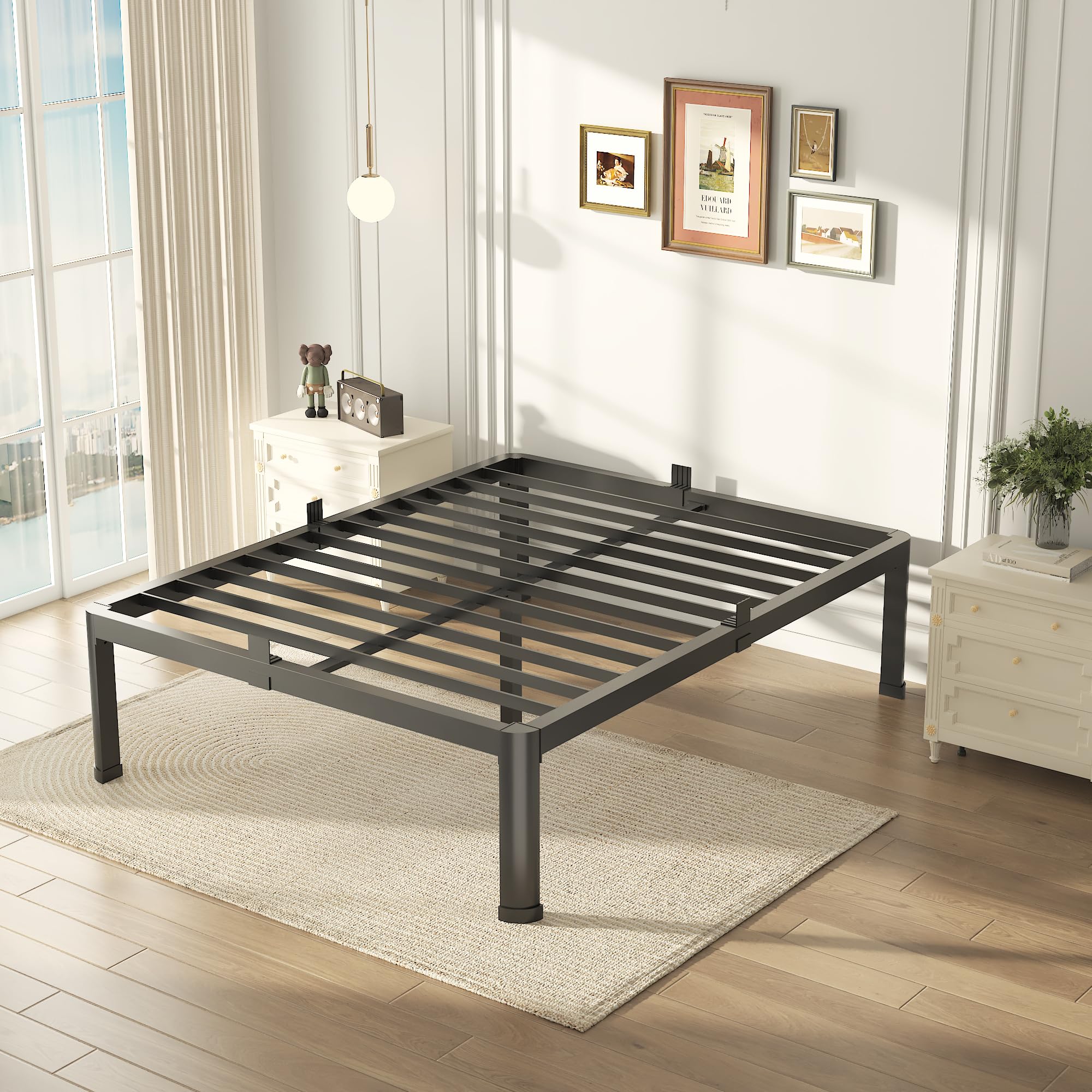Firpeesy 18 Inch Full Size Bed Frame Metal with Sturdy Steel Round Corner Leg, 3500 lbs Heavy Duty Metal Full Platform Bed with Steel Slats Support,Black Full Bedframe,No Box Spring Needed