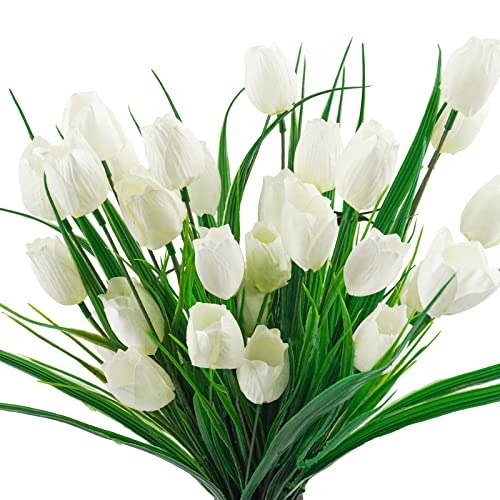 Ruidazon 6 Bundles Tulips Artificial Flowers,30 Heads Outdoor Artificial Tulip Faux Plastic Greenery Shrubs Plants UV Resistant for Easter Home Outside Garden Porch Window Decor (White)