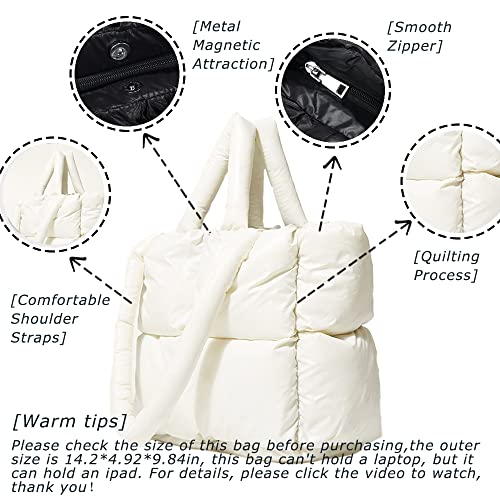 Women Large Quilted Puffer Tote Bag Soft Padded Down Winter Handbag Space Totes Puffer Shoulder Bag Nylon Pillow Shopper Bag White
