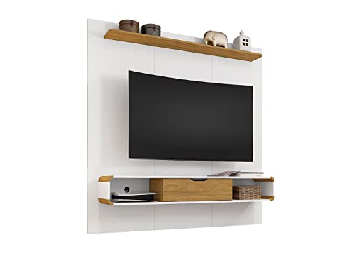 Manhattan Comfort Camberly 62.36" Floating Entertainment Center with 3 Shelves and Overhead Décor Shelf, White and Cinnamon