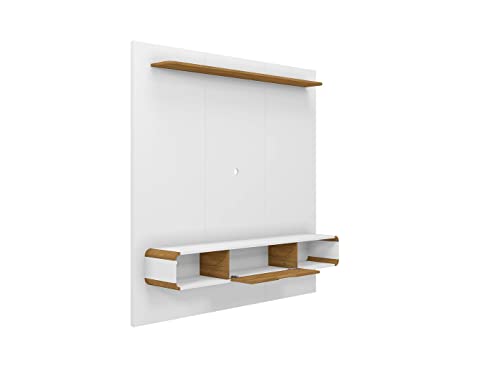 Manhattan Comfort Camberly 62.36" Floating Entertainment Center with 3 Shelves and Overhead Décor Shelf, White and Cinnamon