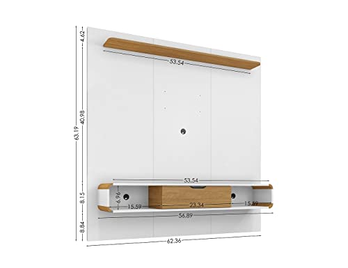 Manhattan Comfort Camberly 62.36" Floating Entertainment Center with 3 Shelves and Overhead Décor Shelf, White and Cinnamon