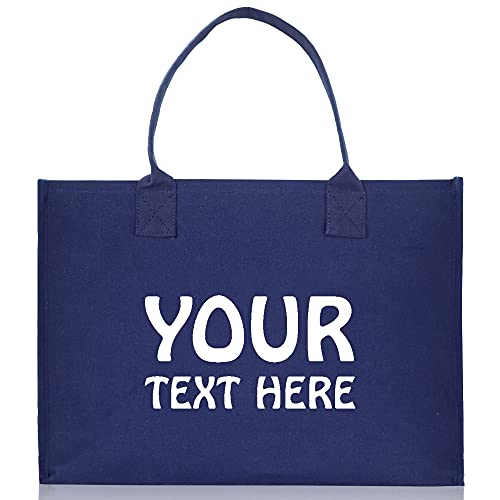 VANESSA ROSELLA Personalized Gift 100% Cotton Canvas Chic Tote Bag - Top Zipper Closure Option - With PomPom and Embroidery Customize Option (Navy)