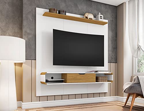 Manhattan Comfort Camberly 62.36" Floating Entertainment Center with 3 Shelves and Overhead Décor Shelf, White and Cinnamon