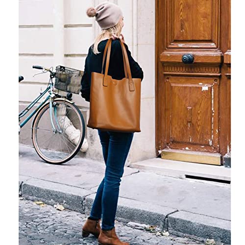 S-ZONE Genuine Leather Tote Bag for Women Soft Shoulder Handbag Ladies Purse with Canvas Pouch