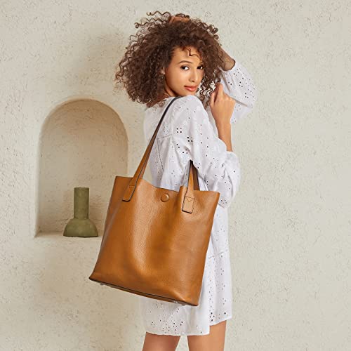 S-ZONE Genuine Leather Tote Bag for Women Soft Shoulder Handbag Ladies Purse with Canvas Pouch