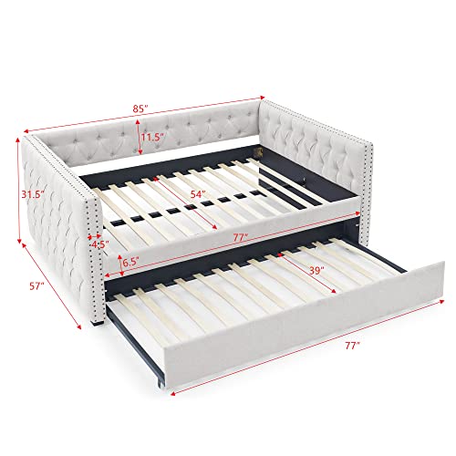 Eafurn Full Daybed with Trundle Bed,Upholstered Day with Twin Size Trundle Bed Frame Sofa Beds with Button and Copper Nail on Square Arms for Living Room, Bedroom