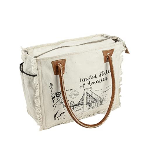 KPL Sel De Mer Upcycled Canvas and leather Hand Bag Cowhide Tote Bag shopping bag carry on leather bag (White)