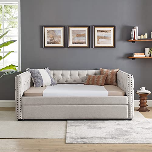 Eafurn Full Daybed with Trundle Bed,Upholstered Day with Twin Size Trundle Bed Frame Sofa Beds with Button and Copper Nail on Square Arms for Living Room, Bedroom
