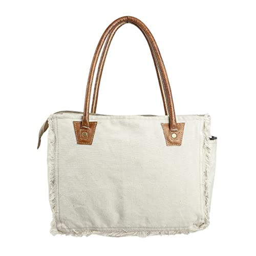 KPL Sel De Mer Upcycled Canvas and leather Hand Bag Cowhide Tote Bag shopping bag carry on leather bag (White)