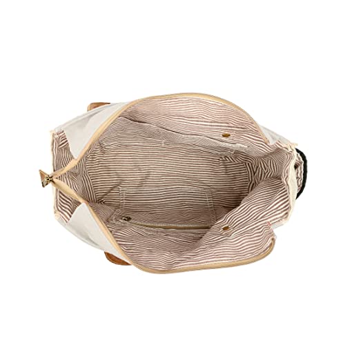 KPL Sel De Mer Upcycled Canvas and leather Hand Bag Cowhide Tote Bag shopping bag carry on leather bag (White)