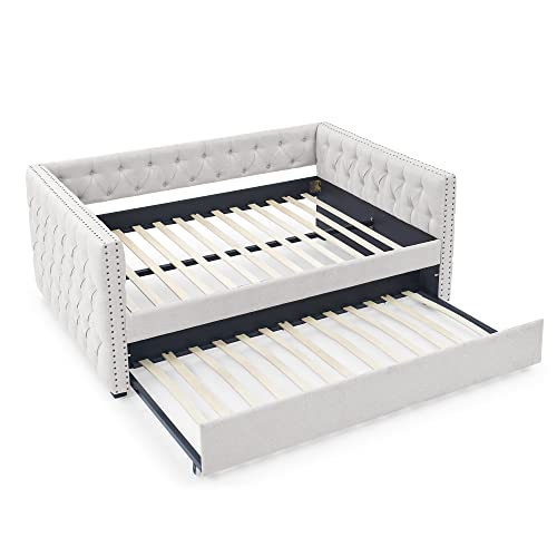 Eafurn Full Daybed with Trundle Bed,Upholstered Day with Twin Size Trundle Bed Frame Sofa Beds with Button and Copper Nail on Square Arms for Living Room, Bedroom