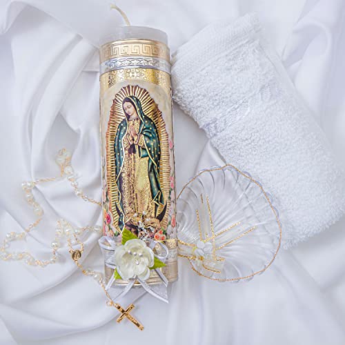 Baptism Candle Set for Boys and Girls with Our Virgen de Guadalupe Candle, Rosary, Towel and Plastic Shell Included - Velas para bautizo - Baptism kit Catholic with Candle