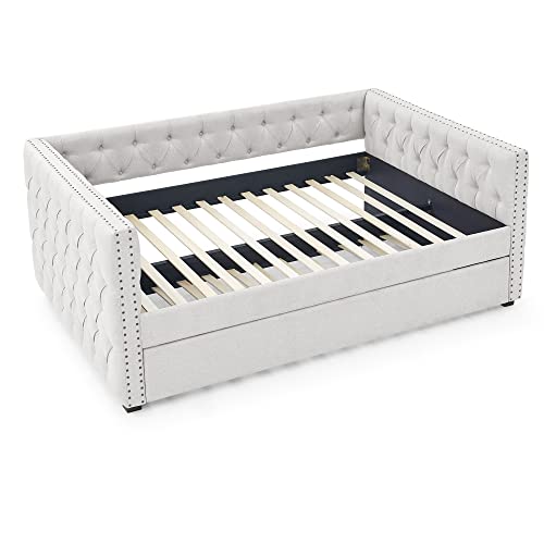 Eafurn Full Daybed with Trundle Bed,Upholstered Day with Twin Size Trundle Bed Frame Sofa Beds with Button and Copper Nail on Square Arms for Living Room, Bedroom