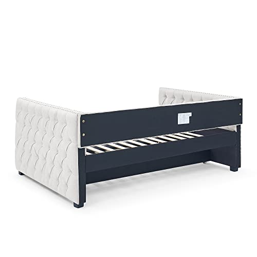 Eafurn Full Daybed with Trundle Bed,Upholstered Day with Twin Size Trundle Bed Frame Sofa Beds with Button and Copper Nail on Square Arms for Living Room, Bedroom