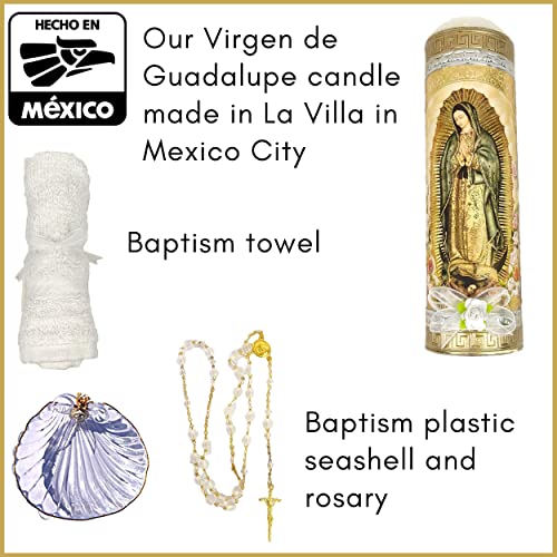 Baptism Candle Set for Boys and Girls with Our Virgen de Guadalupe Candle, Rosary, Towel and Plastic Shell Included - Velas para bautizo - Baptism kit Catholic with Candle
