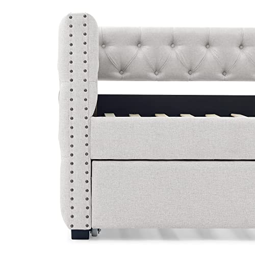 Eafurn Full Daybed with Trundle Bed,Upholstered Day with Twin Size Trundle Bed Frame Sofa Beds with Button and Copper Nail on Square Arms for Living Room, Bedroom
