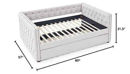 Eafurn Full Daybed with Trundle Bed,Upholstered Day with Twin Size Trundle Bed Frame Sofa Beds with Button and Copper Nail on Square Arms for Living Room, Bedroom