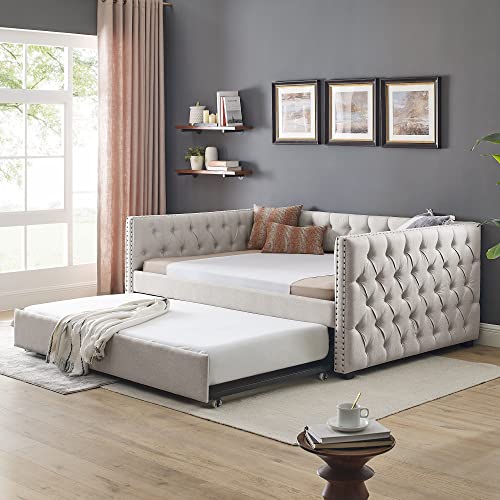Eafurn Full Daybed with Trundle Bed,Upholstered Day with Twin Size Trundle Bed Frame Sofa Beds with Button and Copper Nail on Square Arms for Living Room, Bedroom