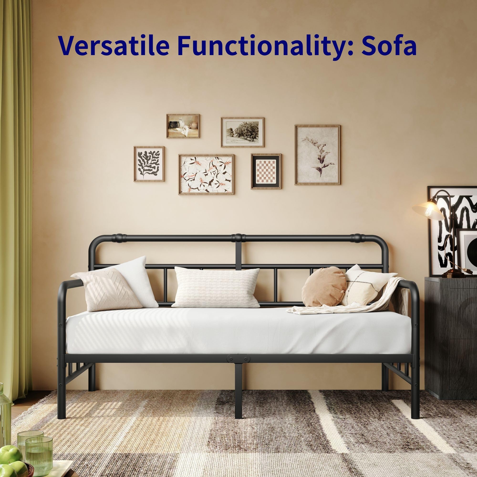 Sementa Daybed-Frame, Twin-Daybed with Classic-Headboard - Heavy Duty Steel Slats,Metal Sofa Bed Frame for Living Room Bedroom Guest Room, Easy Assembly(Black)