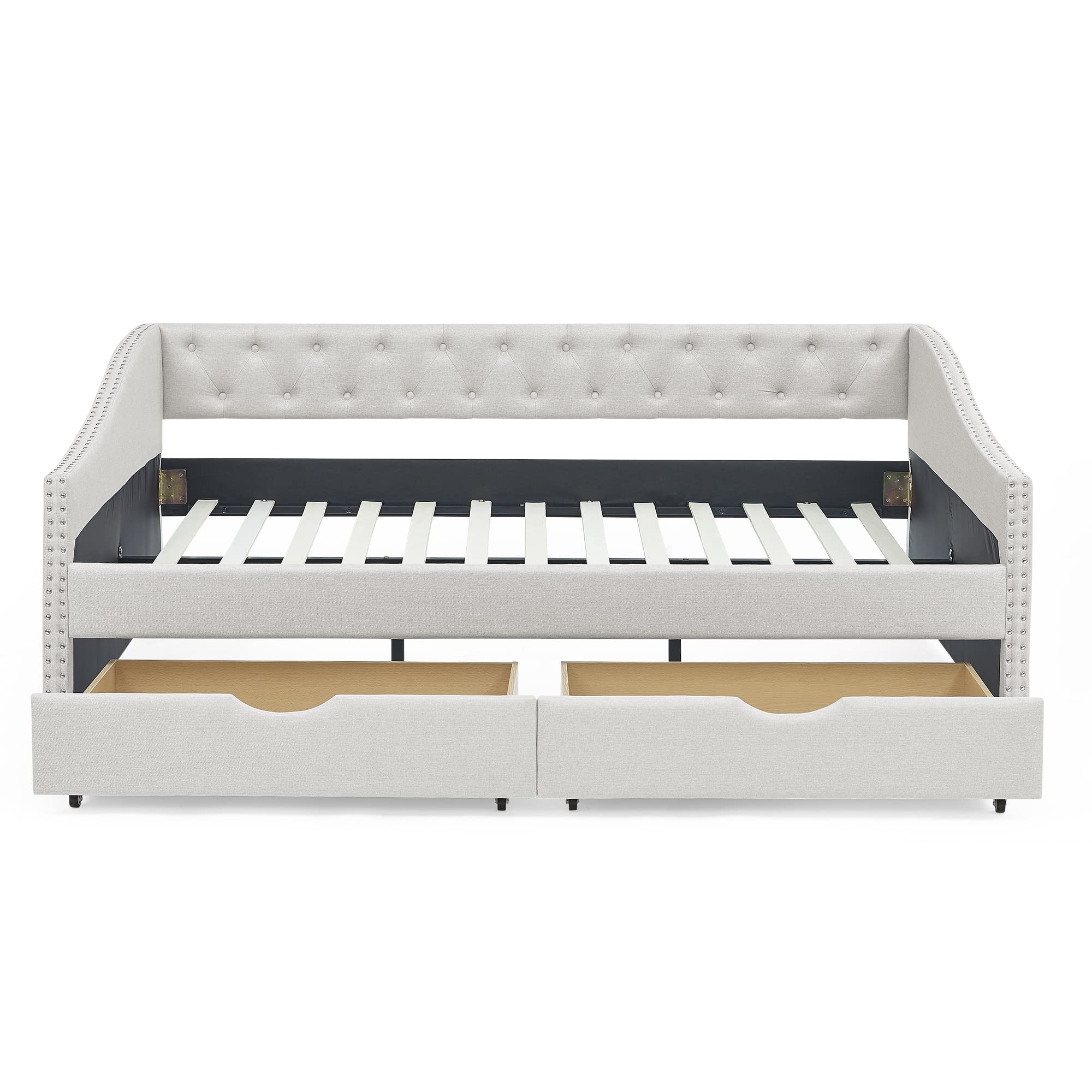 OMGO Upholstered Full Size Daybed with Two Storage Trundle Drawers, Solid Wooden Sofa Bed Frame w/Button Tufted Backrest, No Box Spring Needed, for Kids, Bedroom, Dorm