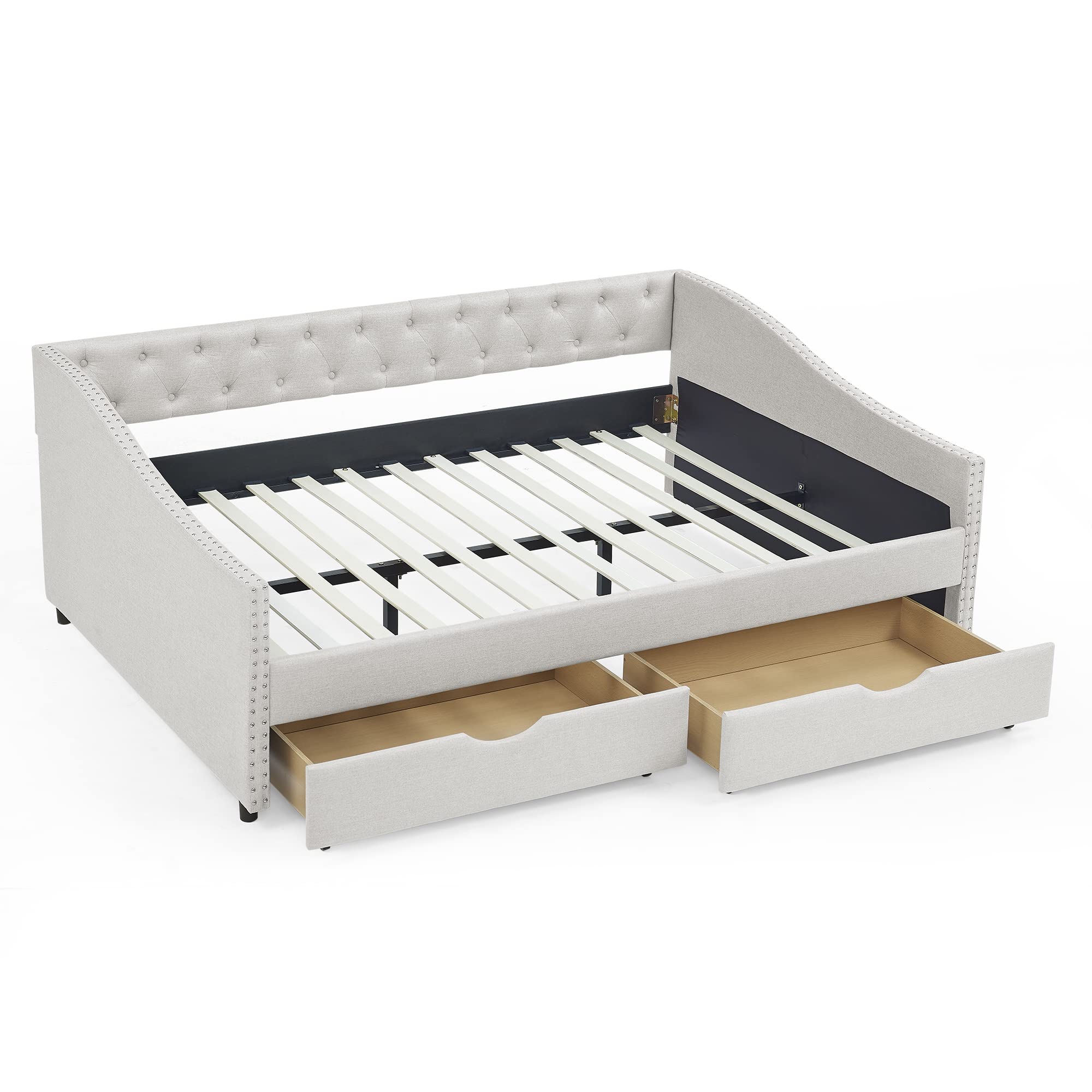 OMGO Upholstered Full Size Daybed with Two Storage Trundle Drawers, Solid Wooden Sofa Bed Frame w/Button Tufted Backrest, No Box Spring Needed, for Kids, Bedroom, Dorm