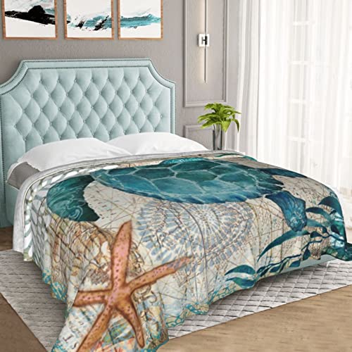Plush Air Conditioning Throw Blanket, Vintage Ocean Turtle Starfish World Map Ultra-Soft Cozy Plush Blankets for Bed Couch Chair Office Living Room 50"x40".