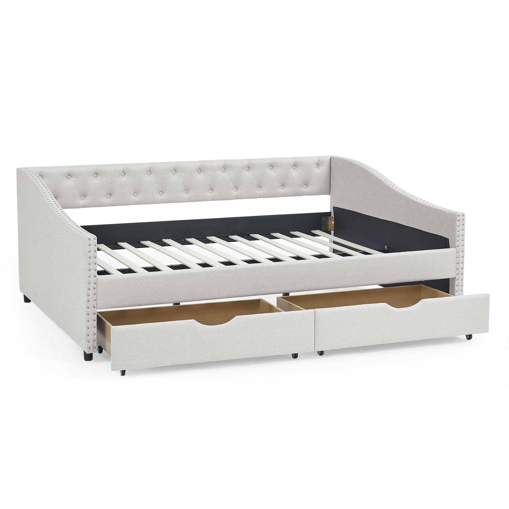 OMGO Upholstered Full Size Daybed with Two Storage Trundle Drawers, Solid Wooden Sofa Bed Frame w/Button Tufted Backrest, No Box Spring Needed, for Kids, Bedroom, Dorm