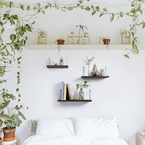 Floating Shelves Rustic Solid Wood Floating Shelf Wall Storage Shelves, Rustic Wall Shelf with Wire Hanging Brackets ,Set of 3 (11in + 13.5in + 17in, Dark Brown)