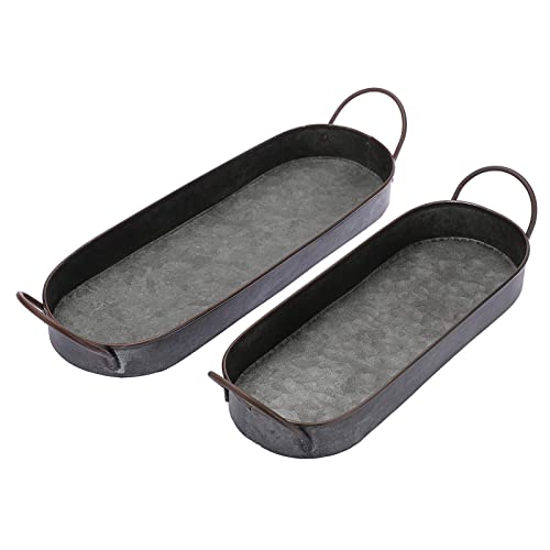 Hipiwe Set of 2 Galvanized Metal Iron Tray with Handles Oval Farmhouse Serving Tray Rustic Industrial Decorative Tray Centerpiece Tray for Coffee Table Weddings Home Decor