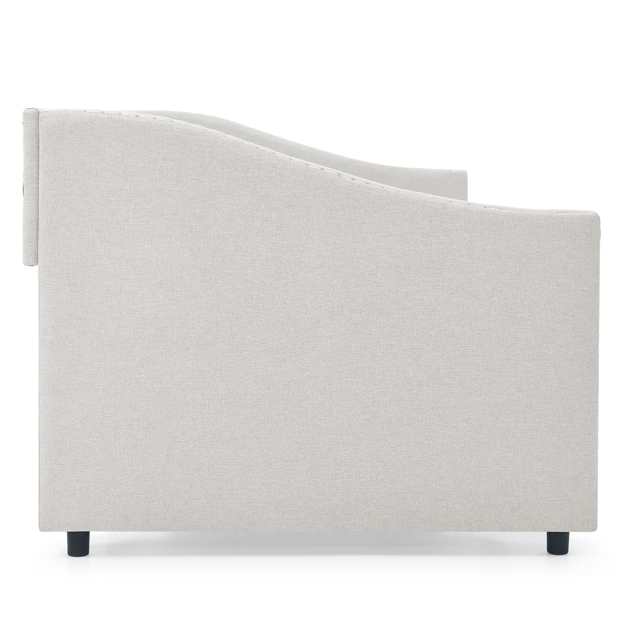OMGO Upholstered Full Size Daybed with Two Storage Trundle Drawers, Solid Wooden Sofa Bed Frame w/Button Tufted Backrest, No Box Spring Needed, for Kids, Bedroom, Dorm