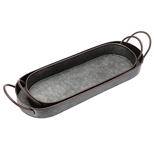 Hipiwe Set of 2 Galvanized Metal Iron Tray with Handles Oval Farmhouse Serving Tray Rustic Industrial Decorative Tray Centerpiece Tray for Coffee Table Weddings Home Decor