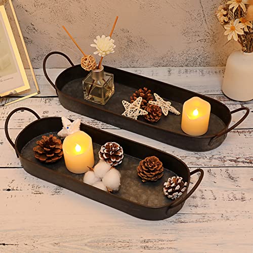 Hipiwe Set of 2 Galvanized Metal Iron Tray with Handles Oval Farmhouse Serving Tray Rustic Industrial Decorative Tray Centerpiece Tray for Coffee Table Weddings Home Decor