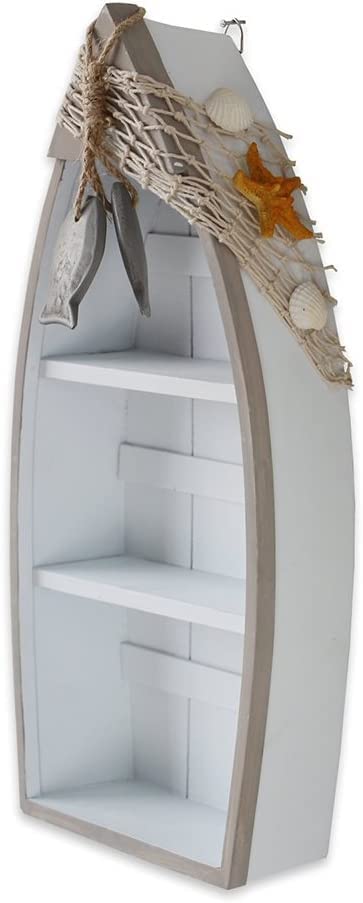 Linfevisi Wood Boat Shelf Decor Beach Theme Standing Boat Shelf Wooden Boat Decor Boat Book Shelf Nautical Decor Standing Boat Display with Net Starfish Seashell Accent Home Decor for Bathroom 16.5"