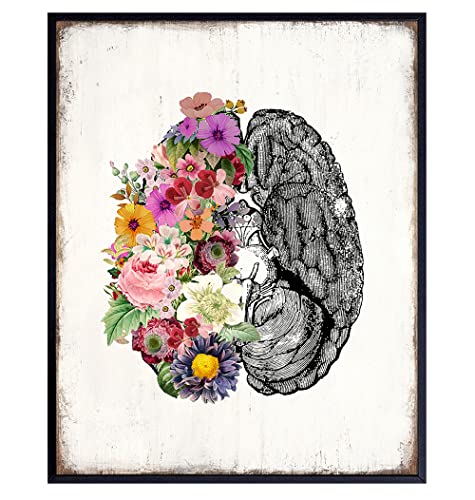 Flower Brain Wall Art & Decor - Vintage Human Anatomy Poster 8x10 - Rustic Boho Shabby Chic Modern Home Decor for Bedroom Bathroom Living Room - Bohemian Gift for Women - UNFRAMED